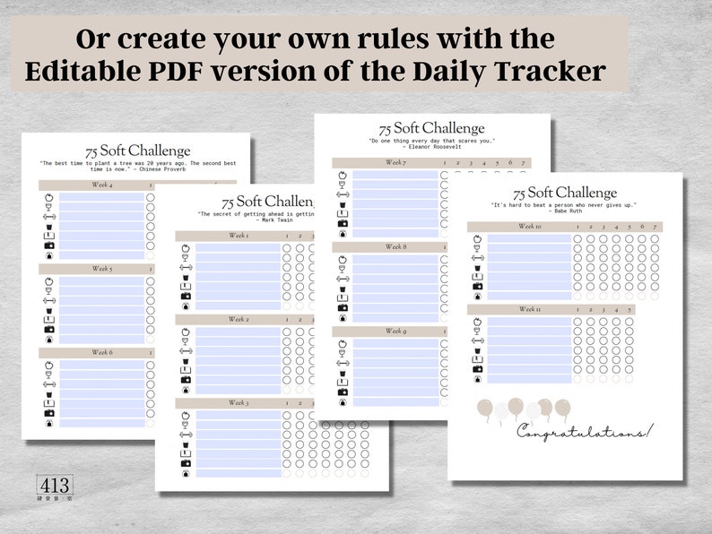 Editable 75 Soft Challenge Tracker, Habit Tracker, 75 Soft Planner ...