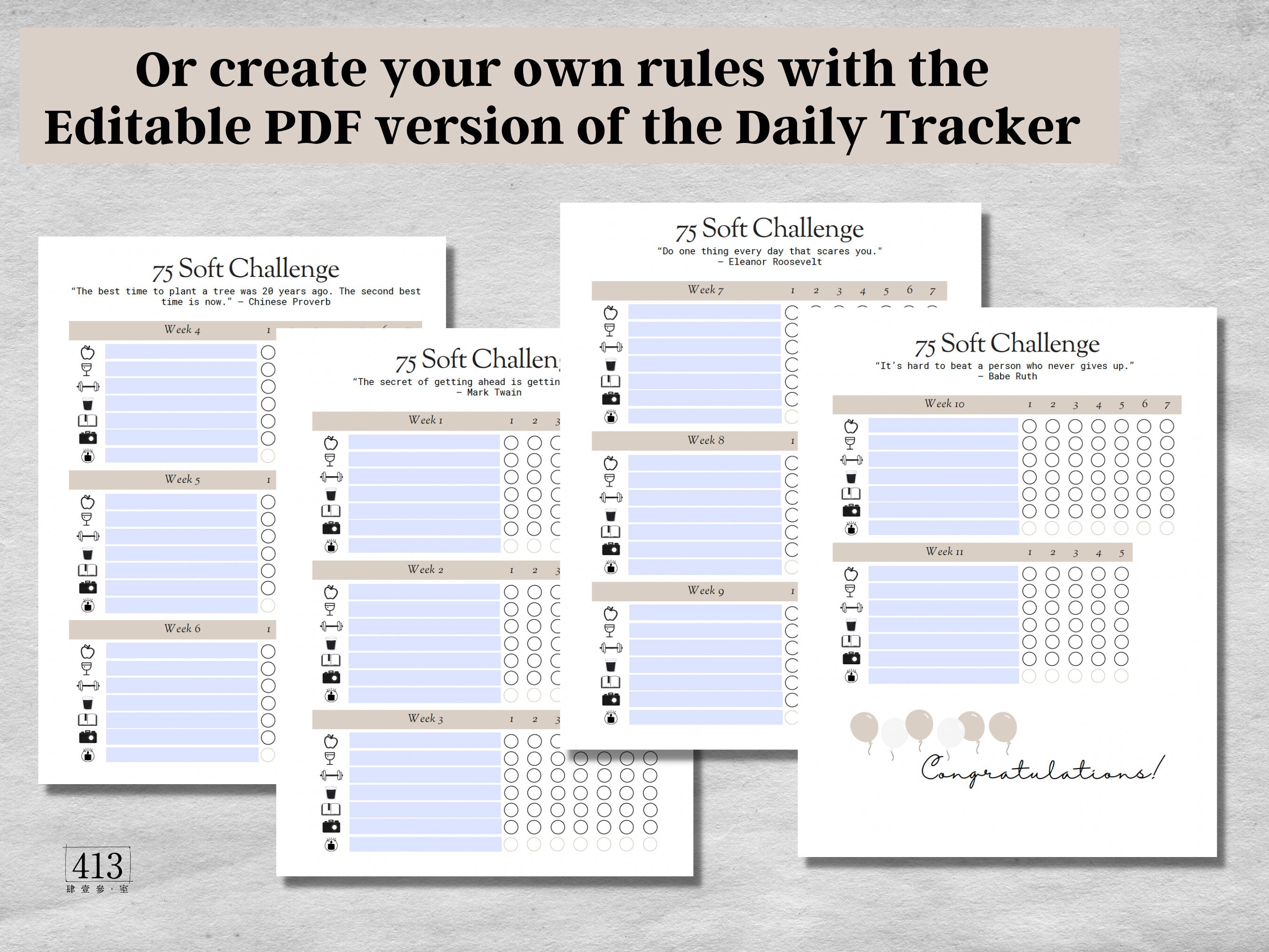Editable 75 Soft Challenge Tracker, Habit Tracker, 75 Soft Planner ...