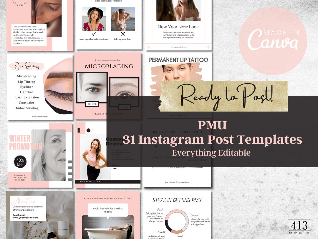 Permanent Makeup Instagram Post Templates, 31 Editable PMU Social Media ...