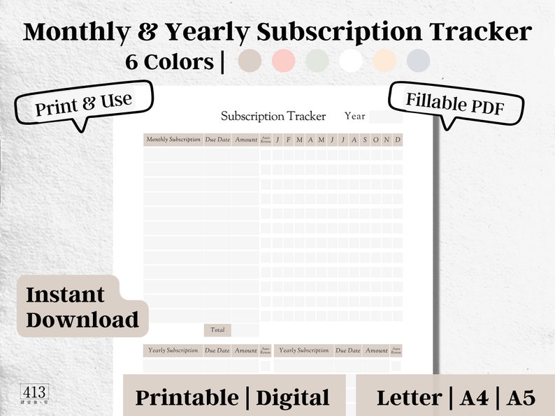 Fillable Subscription Tracker, Bill Organizer Printable, Monthly Yearly ...