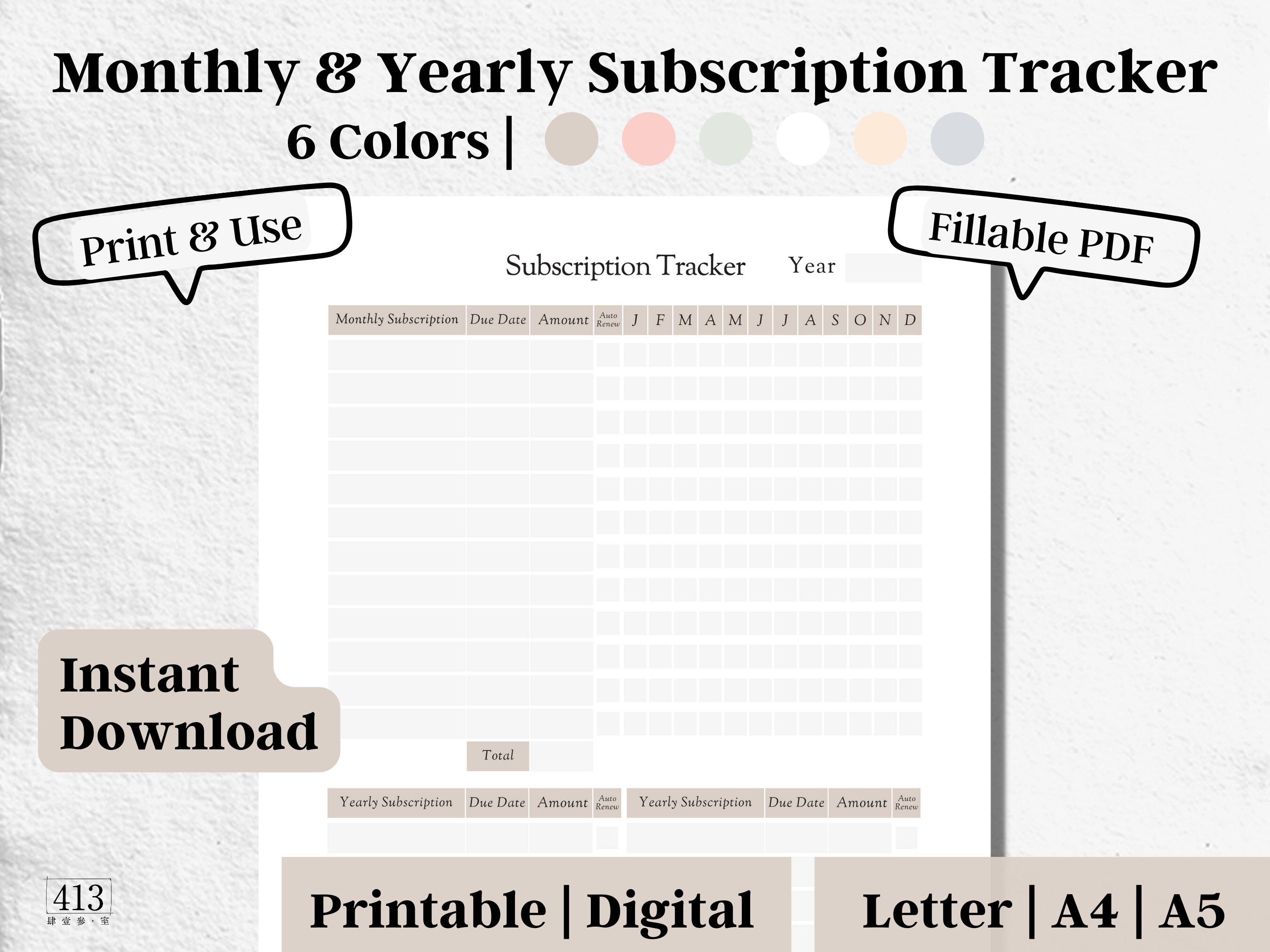 Fillable Subscription Tracker, Bill Organizer Printable, Monthly Yearly ...