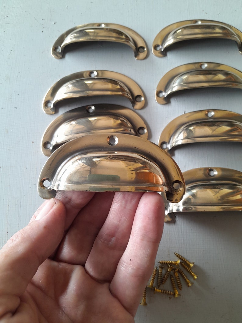 8 Vintage Style Large Solid Brass D Cup Draw Pull Handles NOT Lacquered ...
