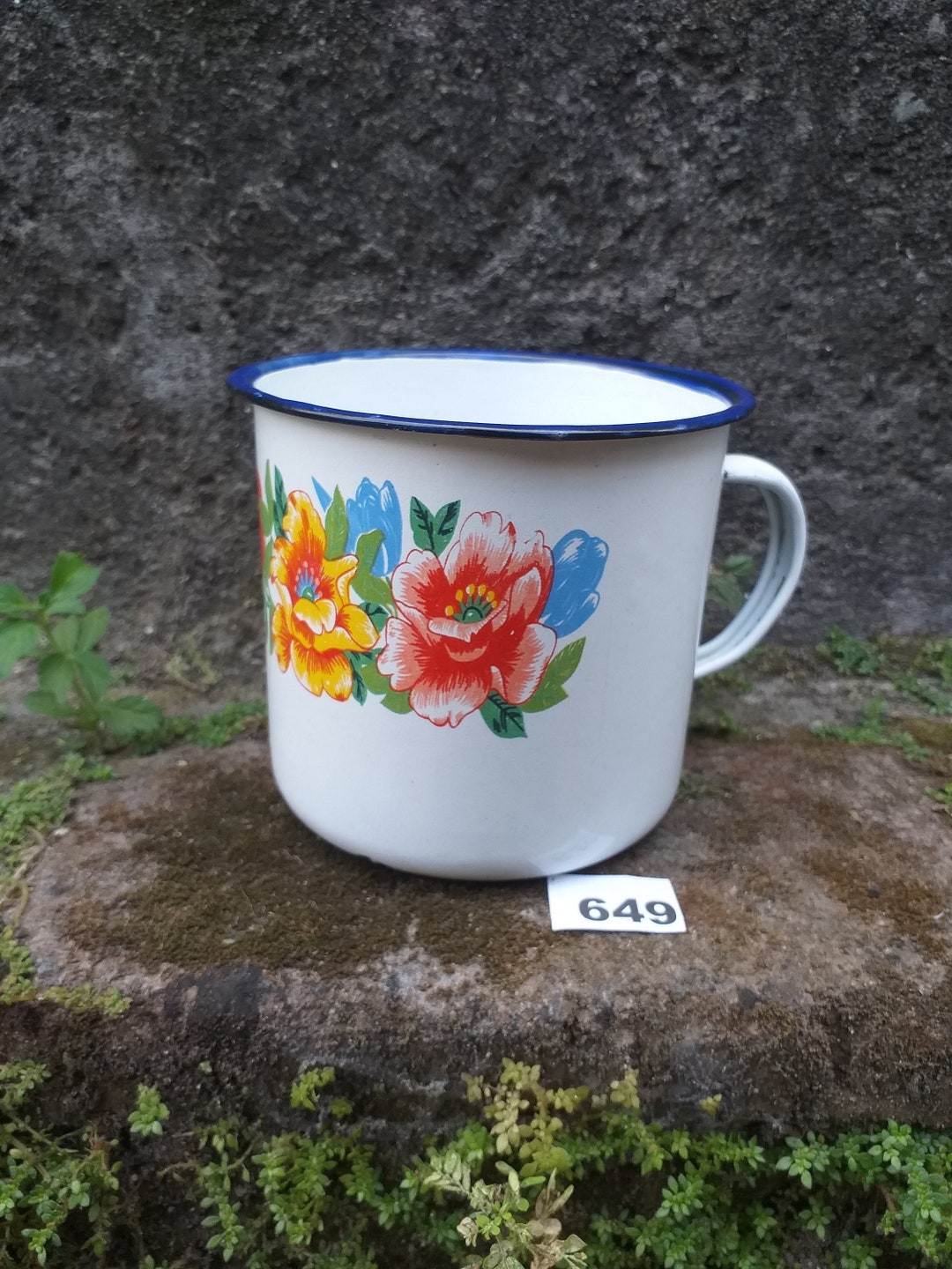 Vintage Large Enamelware Mug With Cheerful Floral Design - Etsy