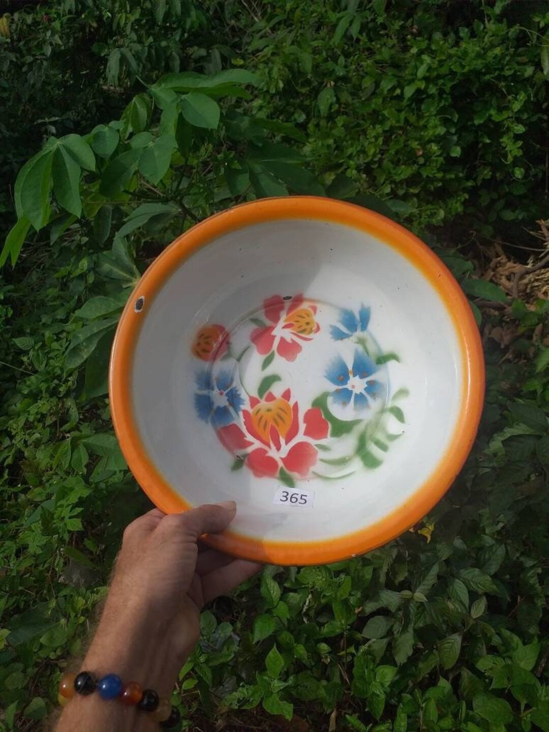 Large Vintage Enamelware Bowl With Orange Rim & Floral Design in Bright ...