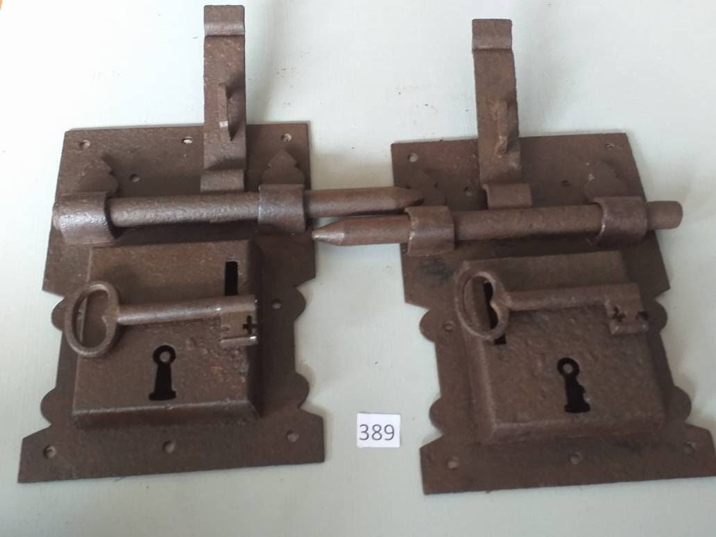 2 Vintage Large Iron Door Locks With Sliding Locking Bolts 1 Right Hand ...