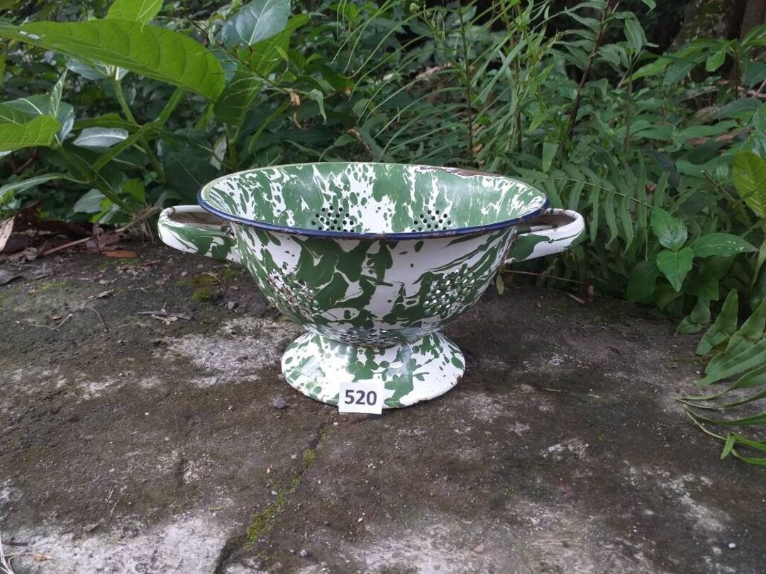 Vintage Medium Green Splatter Enamelware Colander Green Swirl Strainer ...