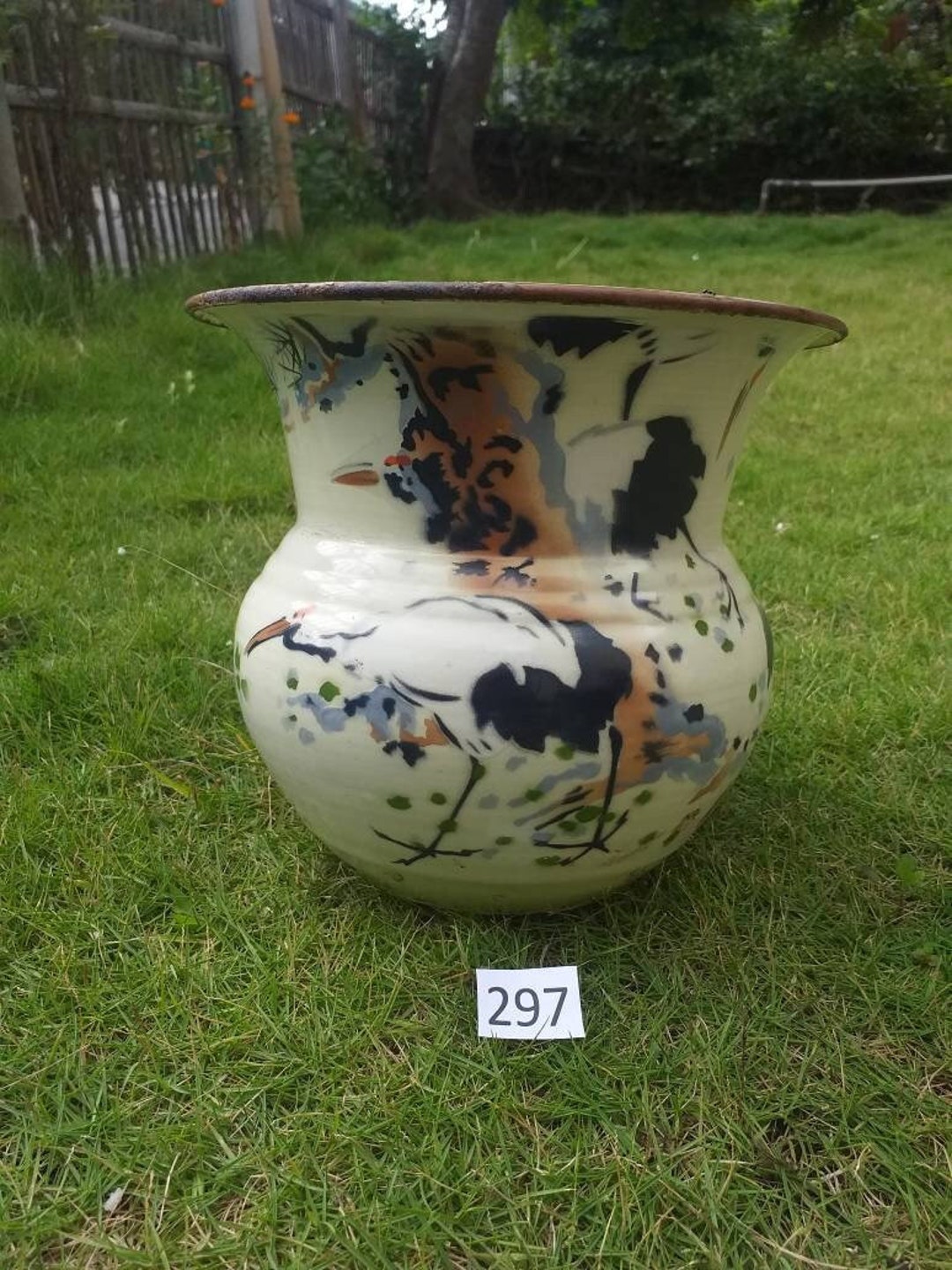 Very Rare Vintage Enamelware Spittoon With Heron Design Enamel Vase ...