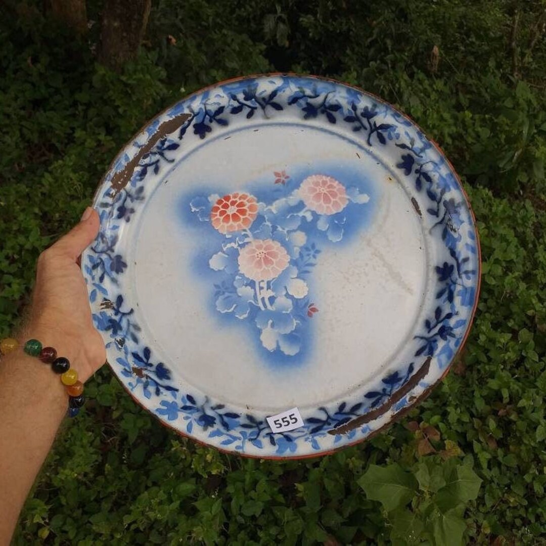 Vintage Enamelware Blue Rimmed Tray With Floral Design 1950s - Etsy