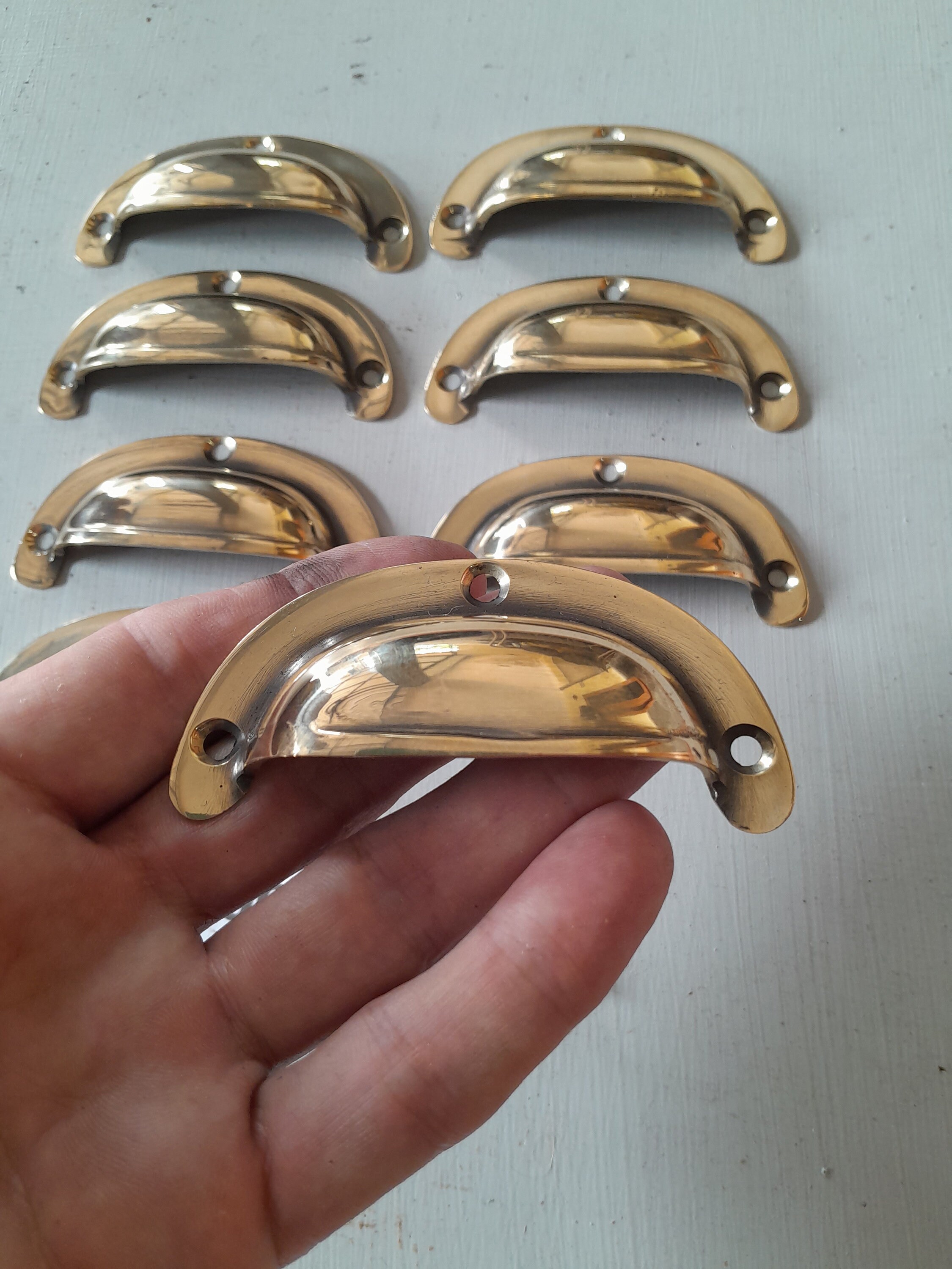 8 Vintage Style Small Solid Brass D Cup Draw Pull Handles NOT Lacquered ...