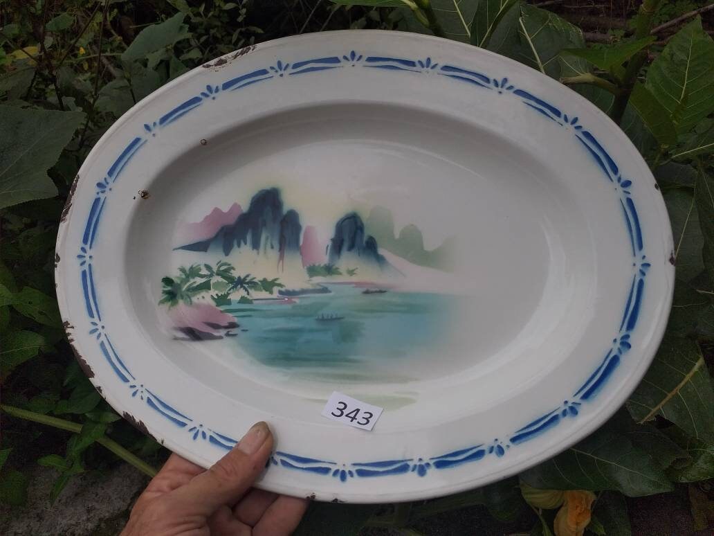 Vintage Enamelware Platter by Bumper Harvest Oval Plate With Fishing ...