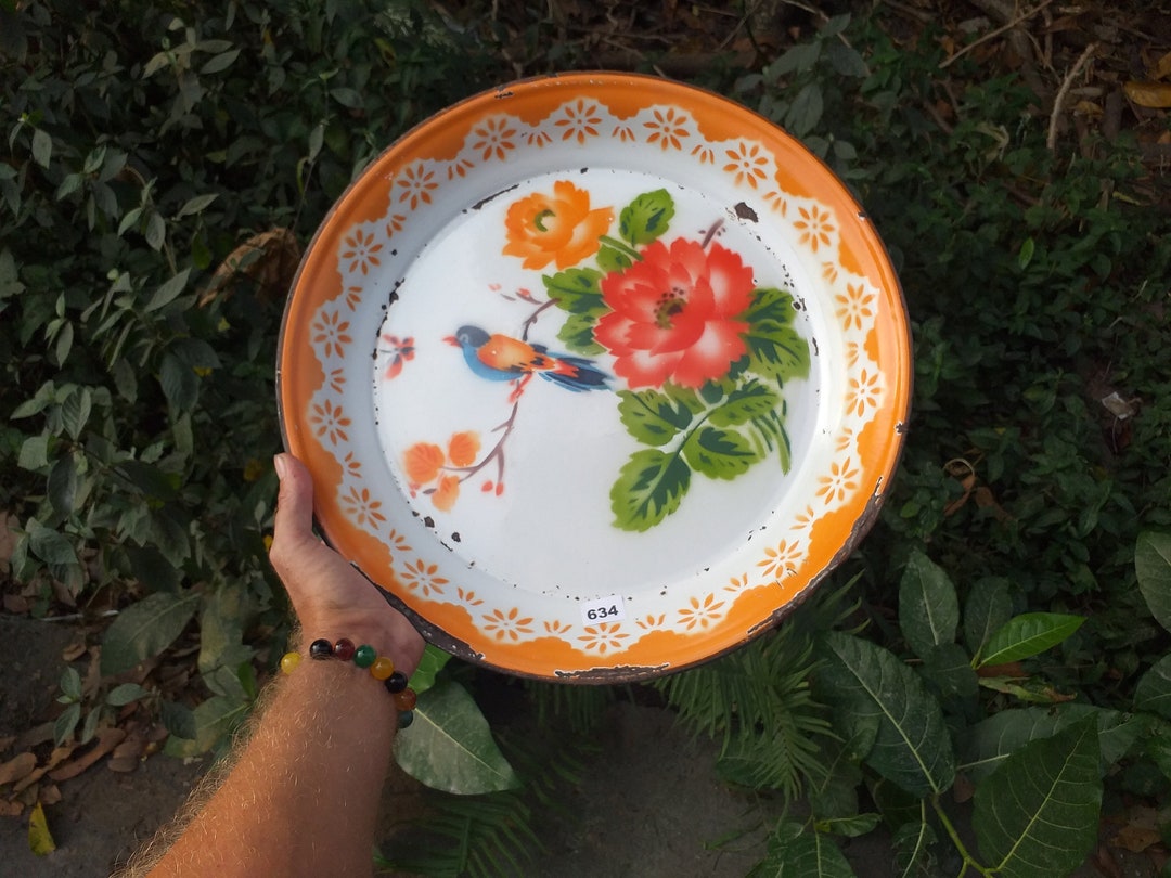 Vintage Enamelware Tray With Orange Rim & Floral Design With Bird and ...