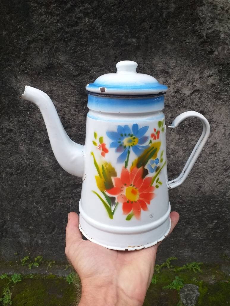Vintage Enamelware Coffee Pot White & Sky Blue With Cheerful - Etsy