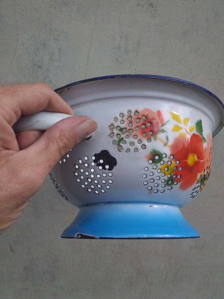 Vintage Enamelware Colander Strainer With Floral Design 1950s - Etsy