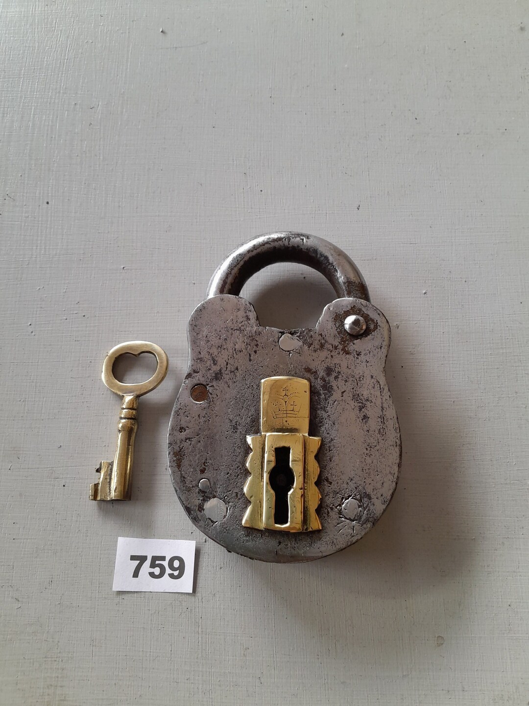 Very Large Vintage German Steel Padlock With Brass Key Cover Stamped ...