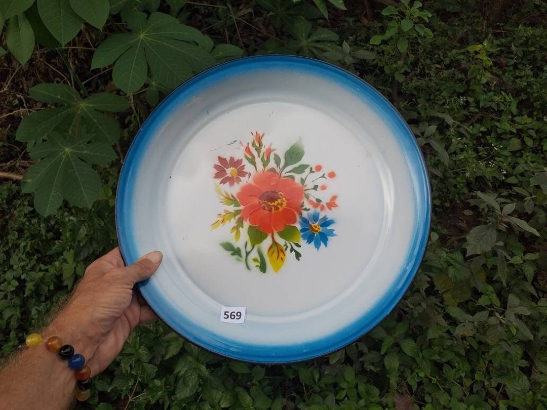 Vintage Blue Rimmed Enamelware Tray With Floral Design 1950s - Etsy