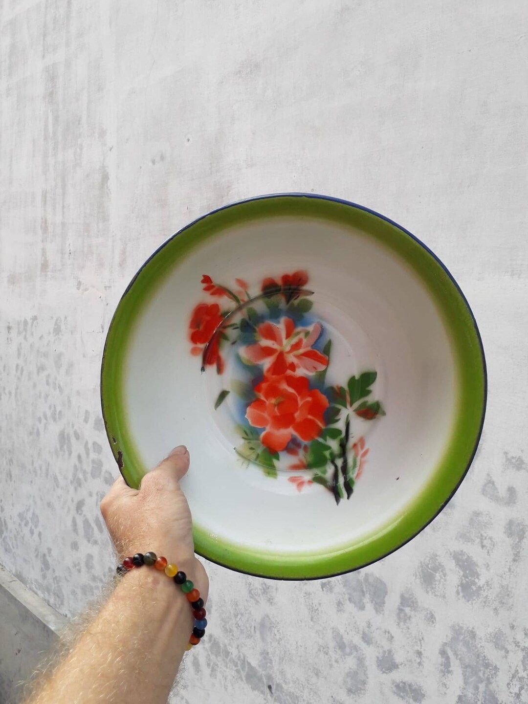 Large Vintage Enamel Bowl With Floral Design 1950s - Etsy