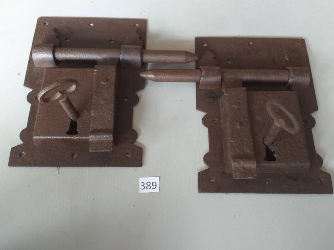 2 Vintage Large Iron Door Locks With Sliding Locking Bolts 1 Right Hand ...