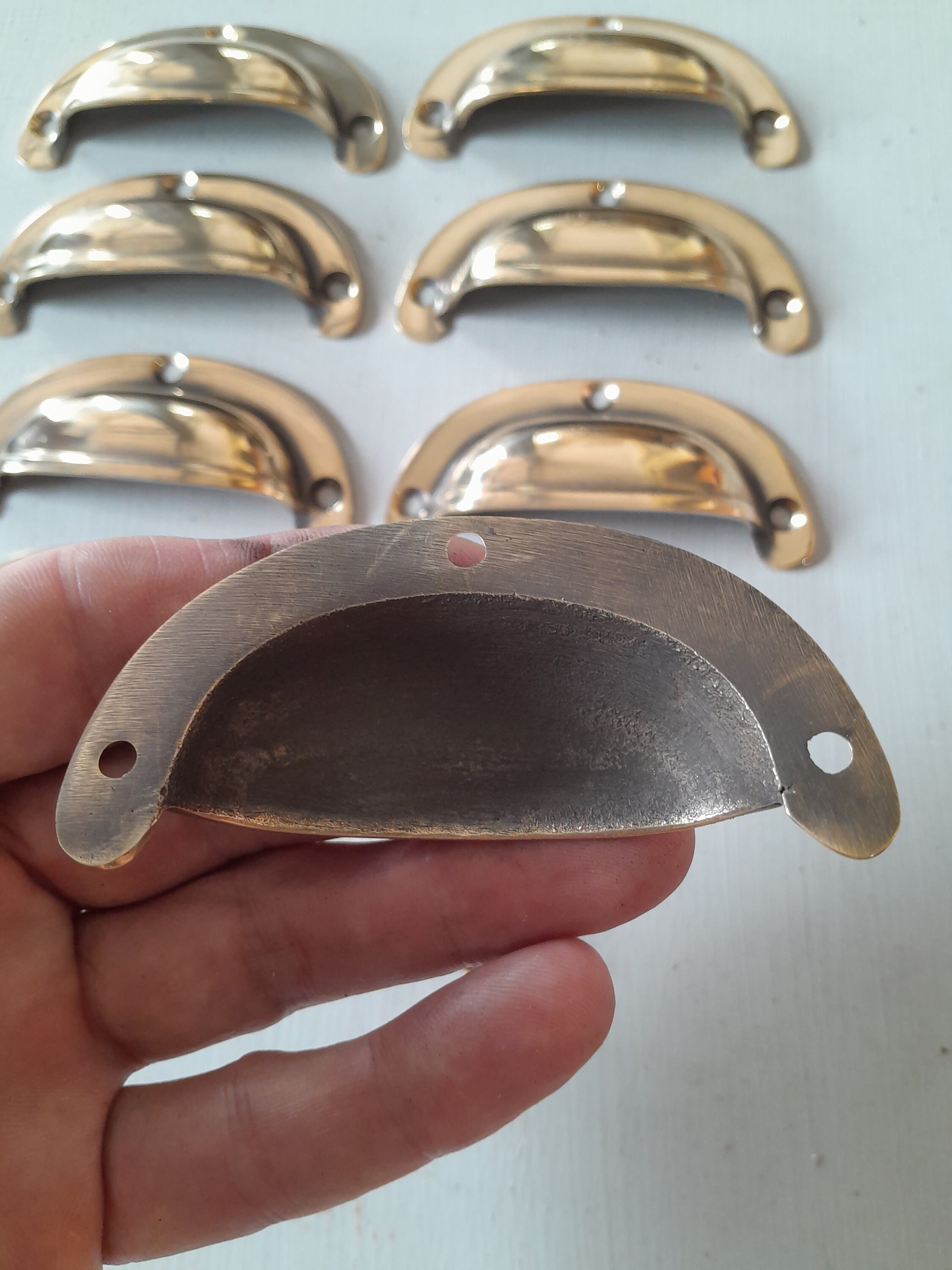 8 Vintage Style Small Solid Brass D Cup Draw Pull Handles NOT Lacquered ...