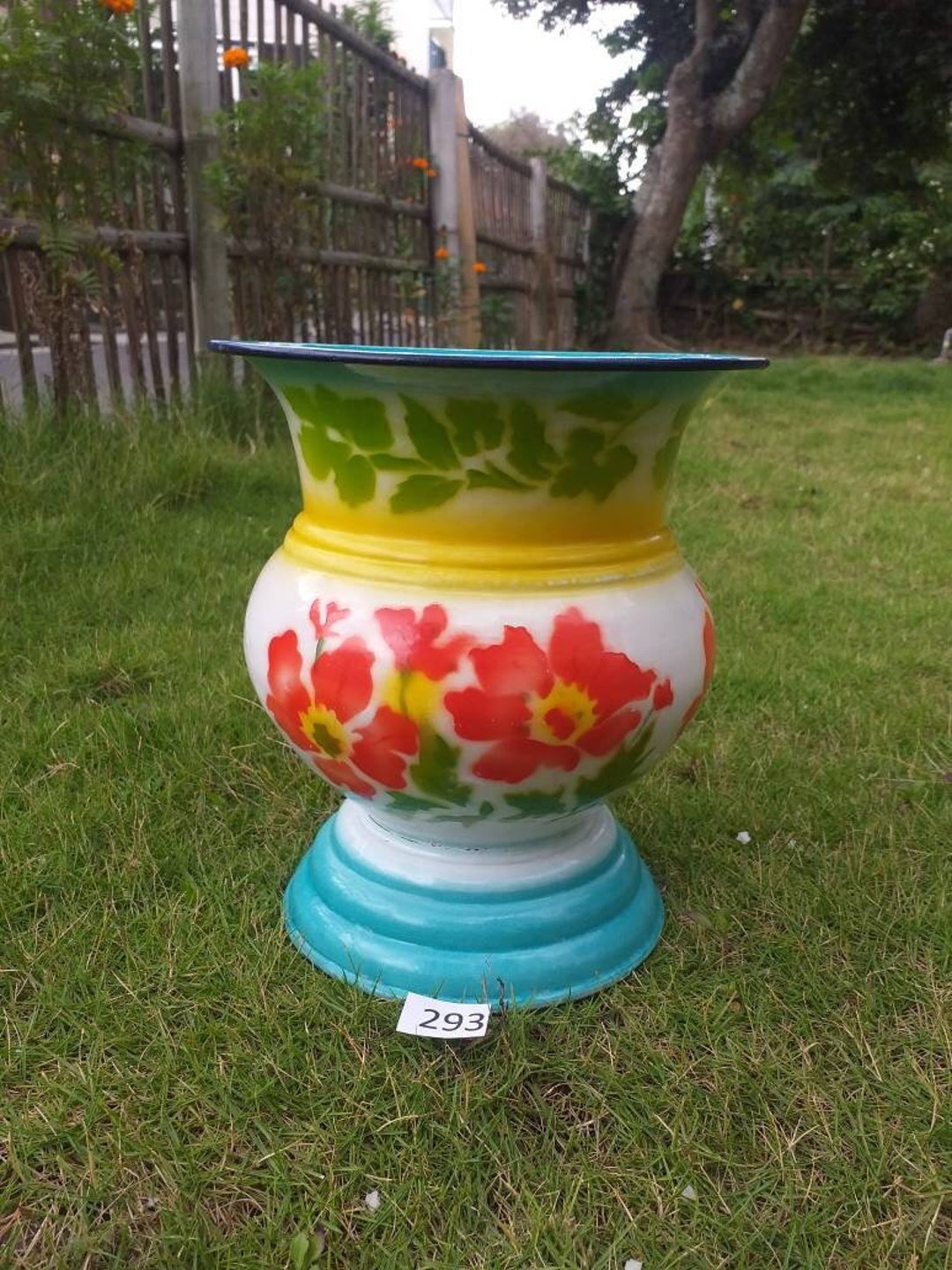 Large Vintage Enamelware Spittoon Enamel Flower Vase With Floral Design ...