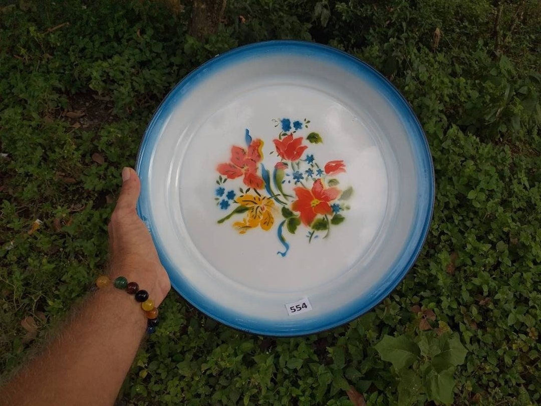 Vintage Enamelware Blue Rimmed Tray With Floral Design 1950s in ...