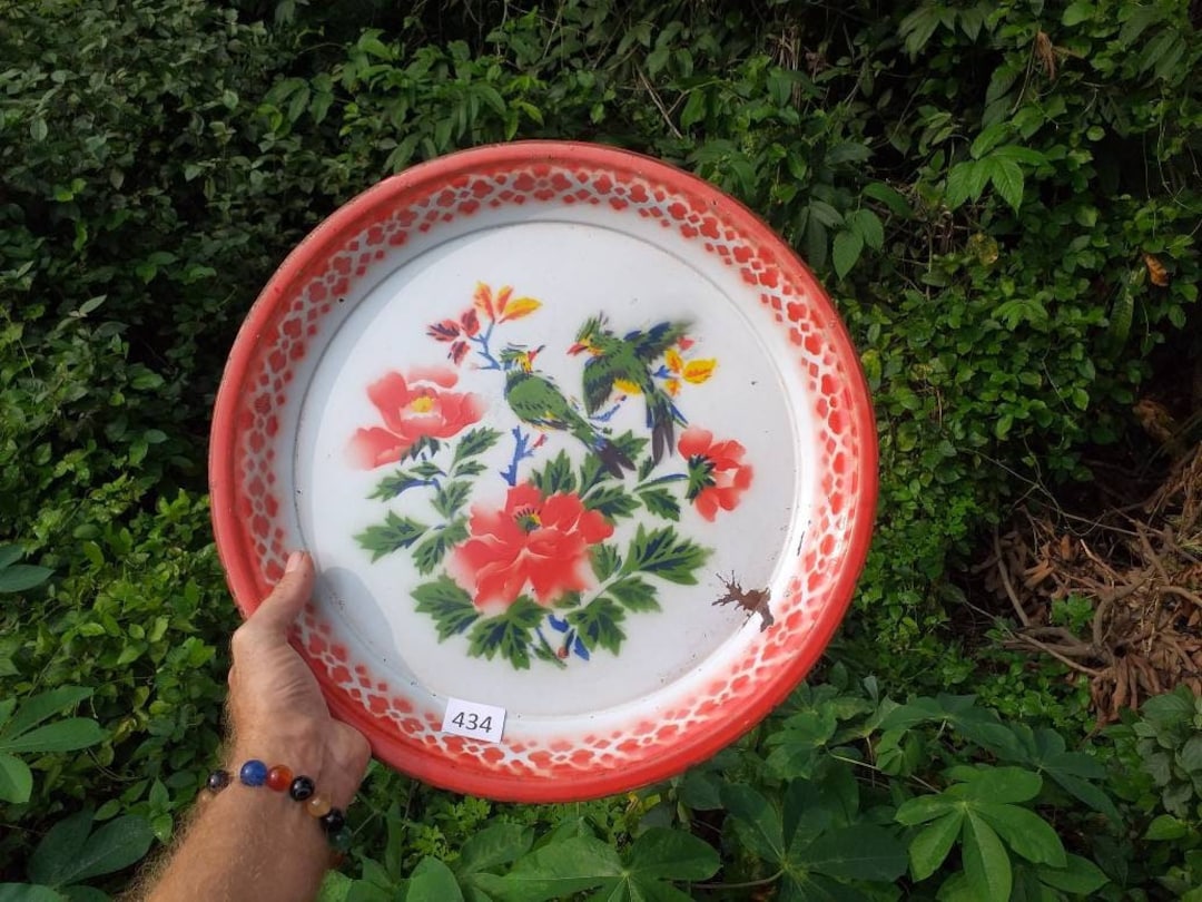 Vintage Large Enamelware Tray With Floral Design & Birds in Bright ...
