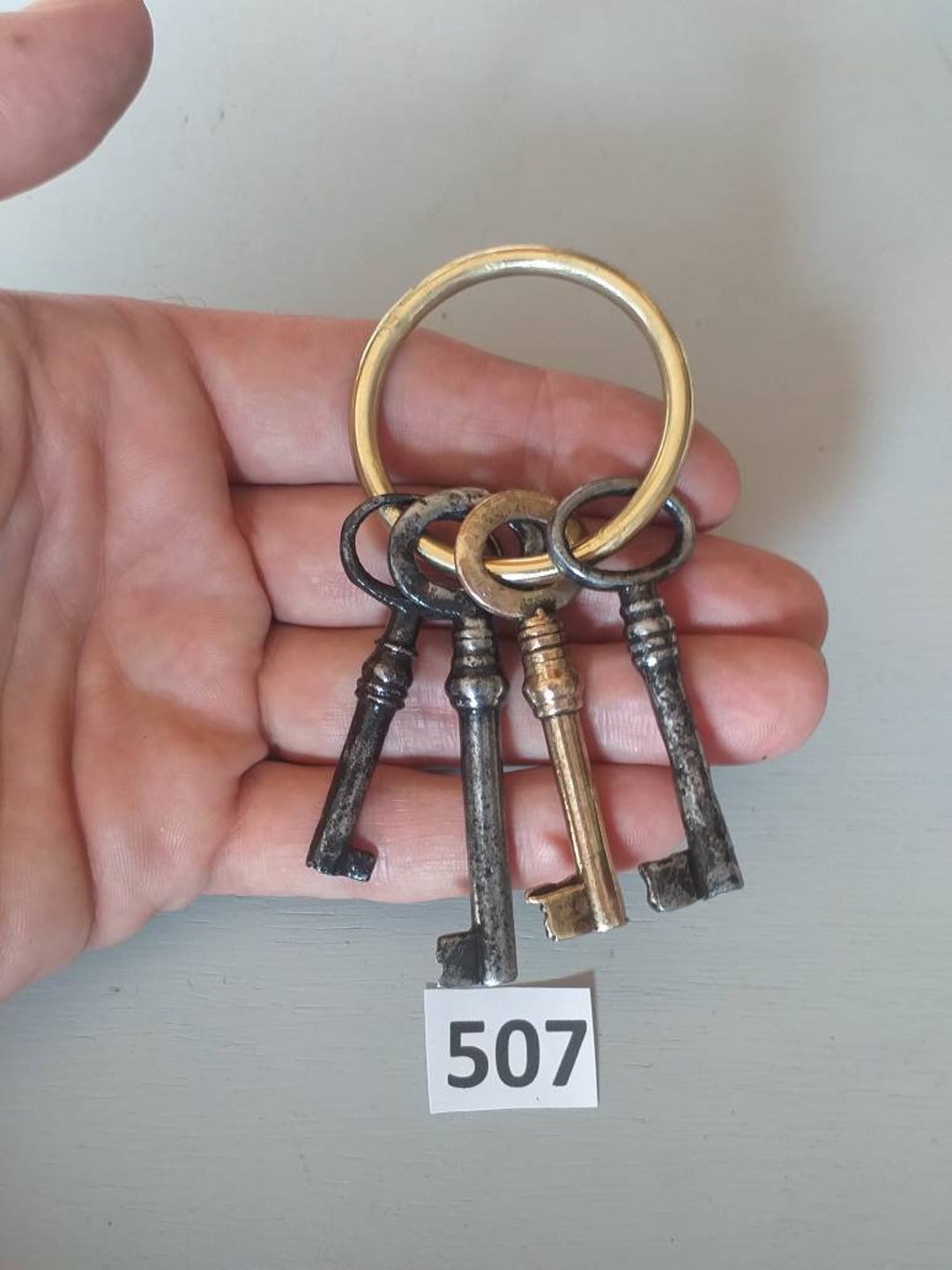 4 Vintage Keys 3 Steel Keys & 1 Solid Brass Key on Heavy Solid Brass ...