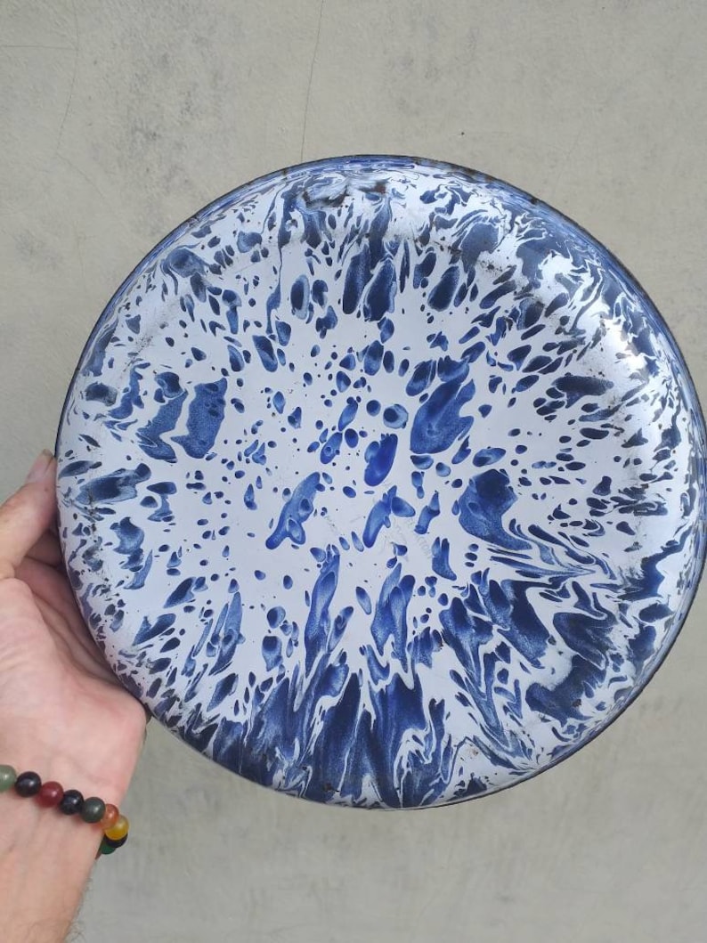Vintage Blue Splatter Enamel Tray Blue Swirl Pie Dish Baking - Etsy