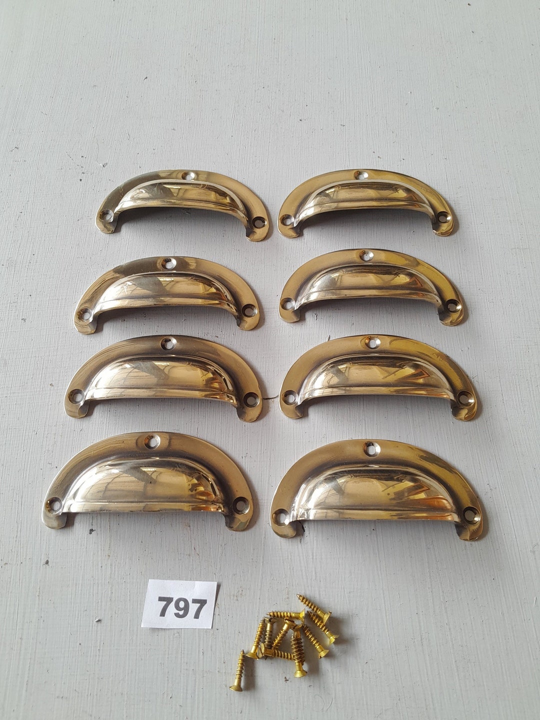 8 Vintage Style Large Solid Brass D Cup Draw Pull Handles NOT Lacquered ...