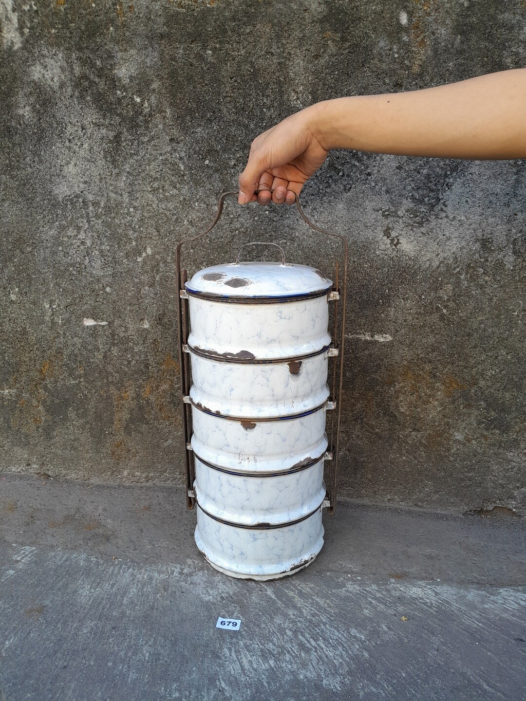 Giant Sized Vintage White & Blue Chicken Wire Enamelware Tiffin Made in ...