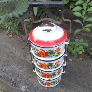 Vintage Enamelware Large Tiffin With Floral Design in Bright Vintage ...