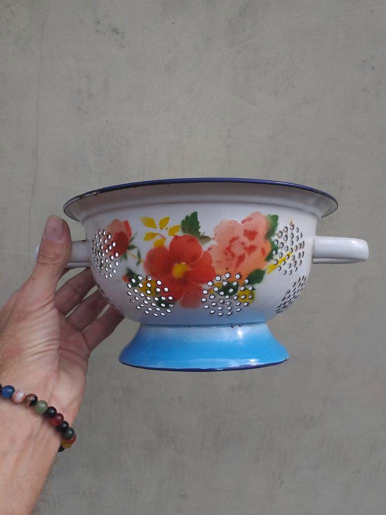 Vintage Enamelware Colander Strainer With Floral Design 1950s - Etsy