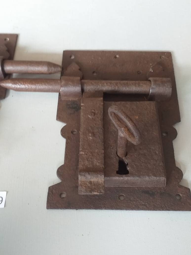 2 Vintage Large Iron Door Locks With Sliding Locking Bolts 1 Right Hand ...