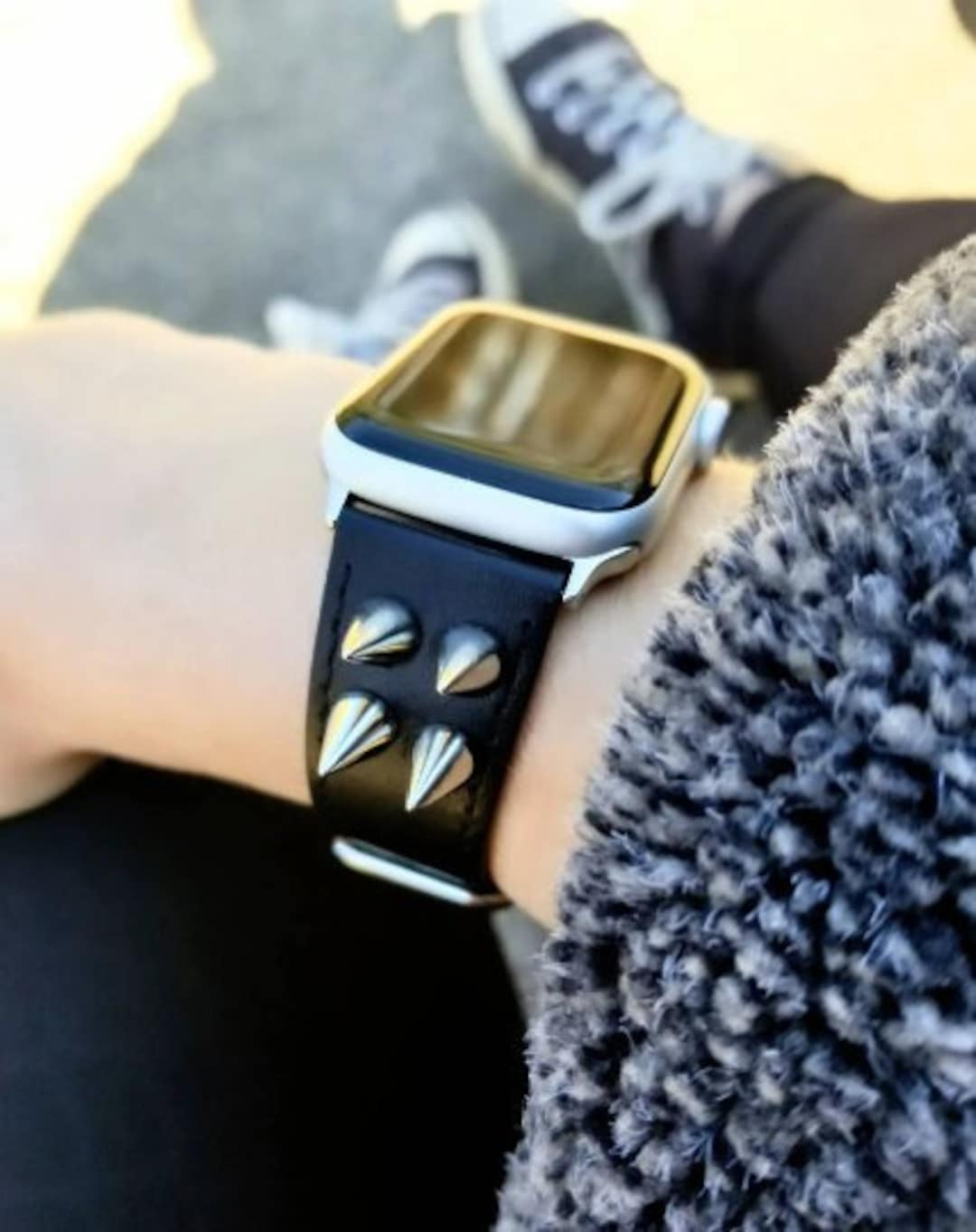 SPIKES Black Leather Apple Watch Band Spiked 38MM 40MM 41MM 42MM 44MM ...