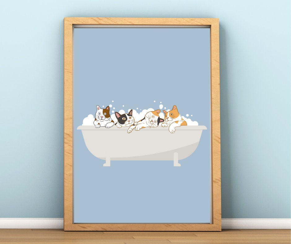DIGITAL & PRINTABLE Cat Bubble Bath Print A4 Wall Art, Bathroom Decor ...