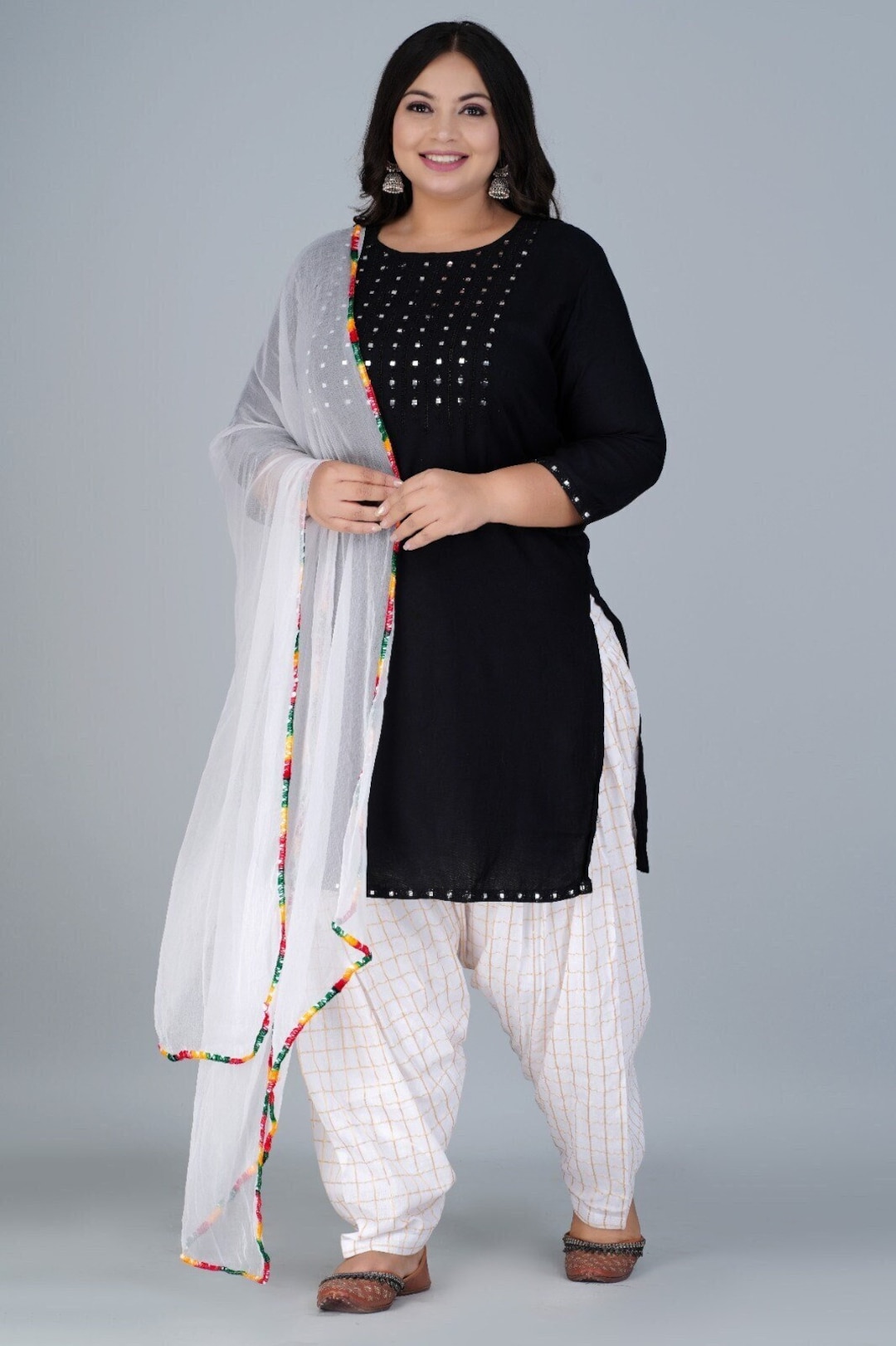 Plus Size Black PUNJABI KURTI With Patiala Pant and Chiffon Dupatta for ...