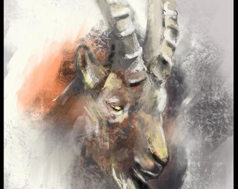 Vintage Oil Painting of a Majestic Ibex | Rustic Ibex Print | Italian ...