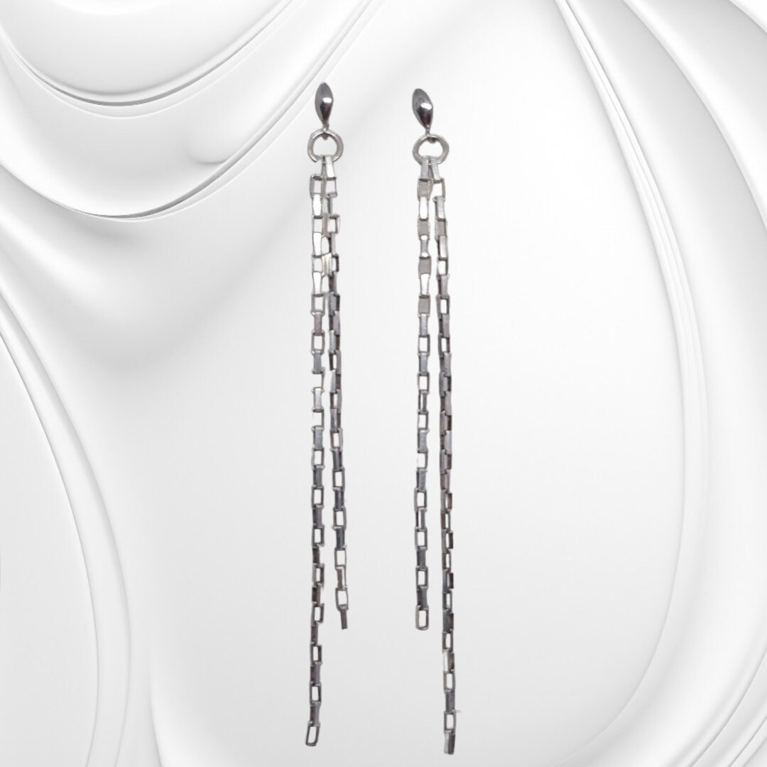 Handmade Sterling Silver Dual Box Chain Long Earrings, Turkish Jewelry ...