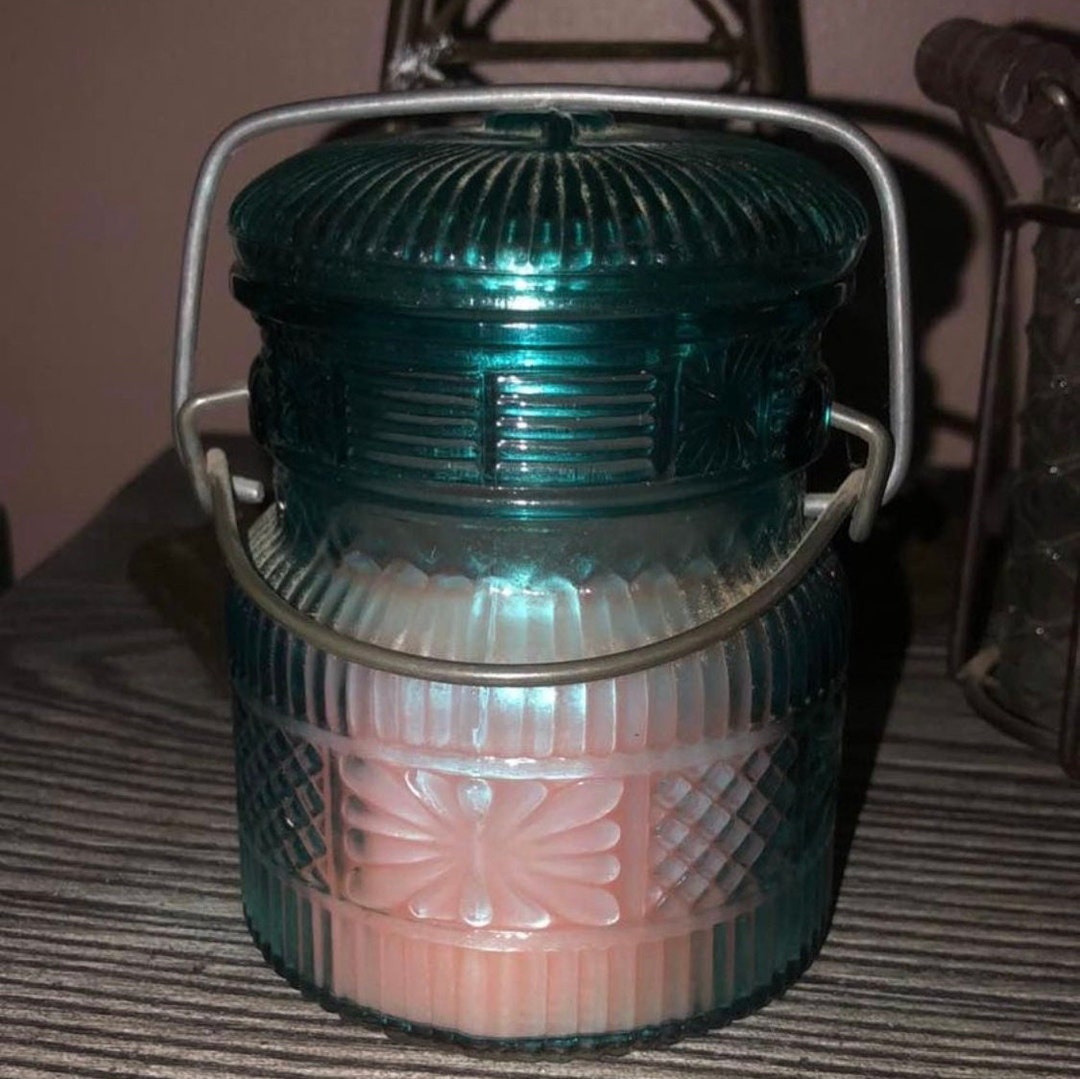 Vintage AVON Turquoise Blue Glass Jar Wire Bale Canister Mason Jar ...