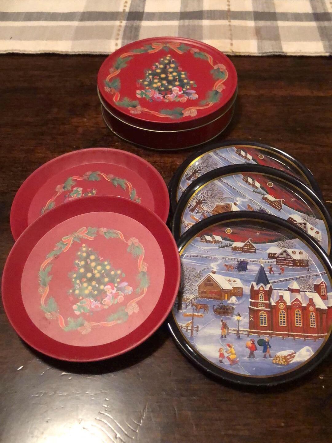 Vintage Christmas Metal Tin Coaster Set - Etsy