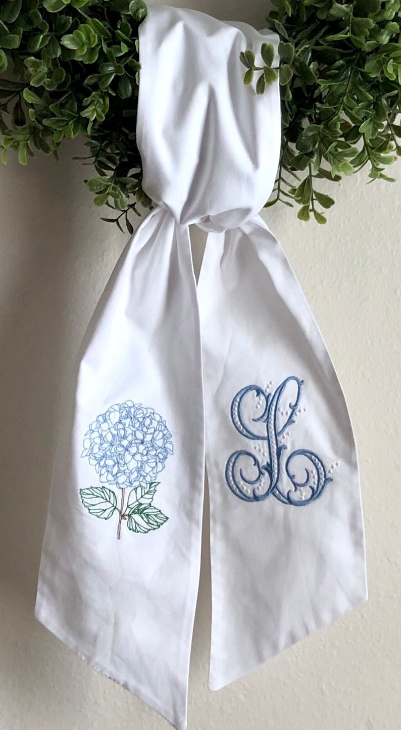 Embroidered Hydrangea Wreath Sash: White Cotton Monogrammed Door Decor ...