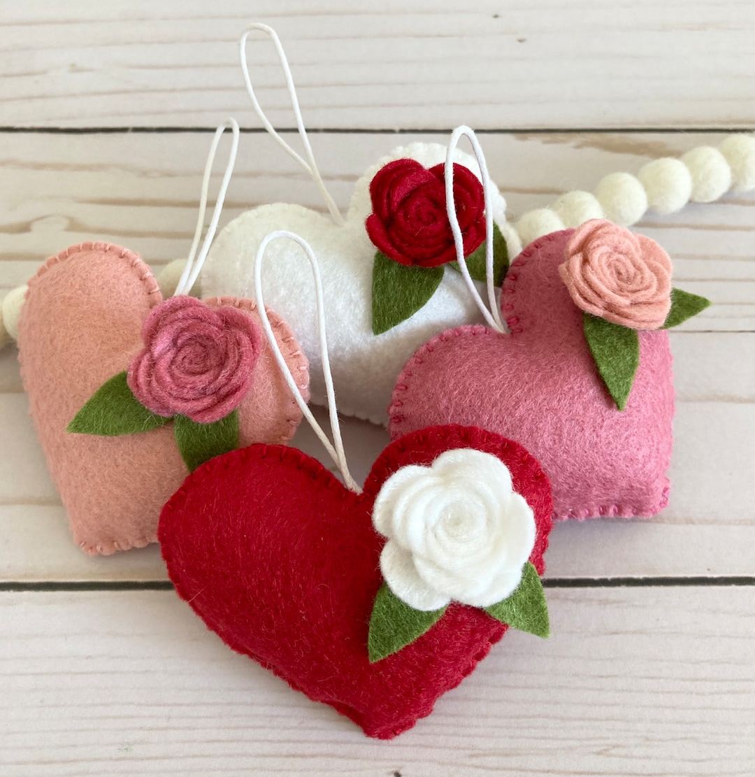 Set of 4 Valentine’s Ornaments, Felt Heart Ornaments, Valentine’s Day ...