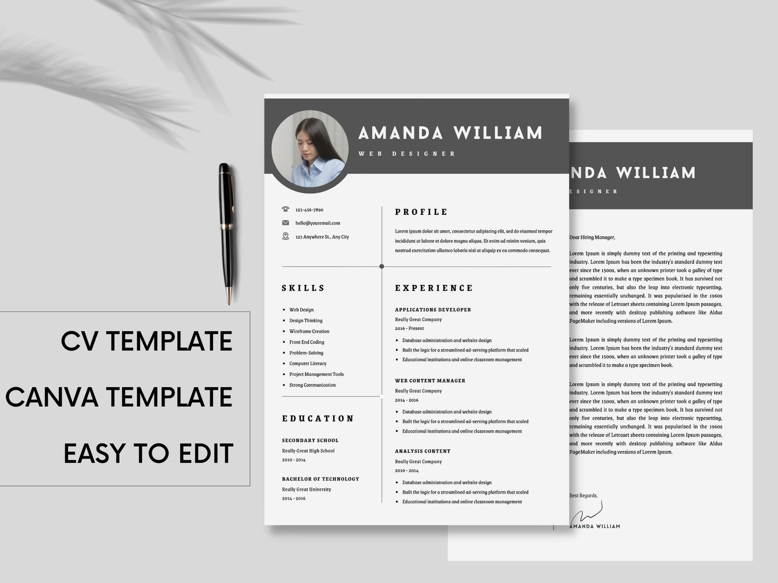 Resume Template for Canva With Cover Letter Professional CV Template ...