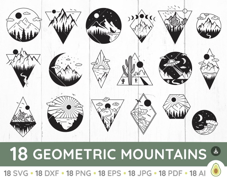 Mountain Svg Bundle, Hand Drawn, Geometric Mountain Svg, Adventure Svg ...