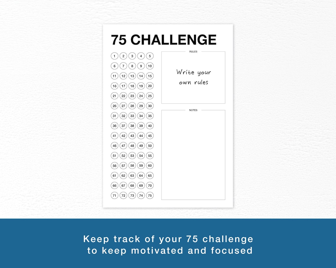 75 Challenge Tracker Printable Fitness Goals Weight Loss, Hard - Etsy