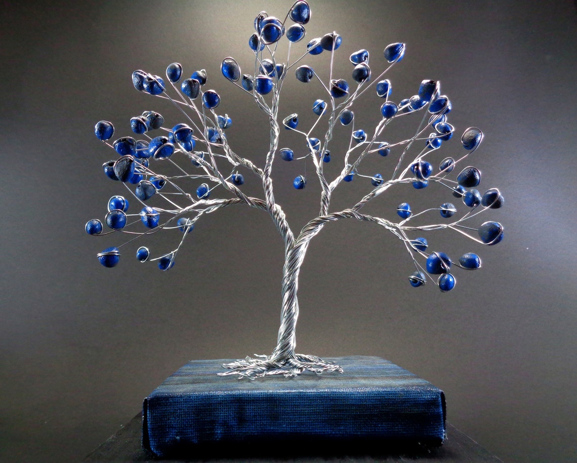 Blue Wire Tree Sculpture on Wooden Base, Bonsai Wire Tree ...
