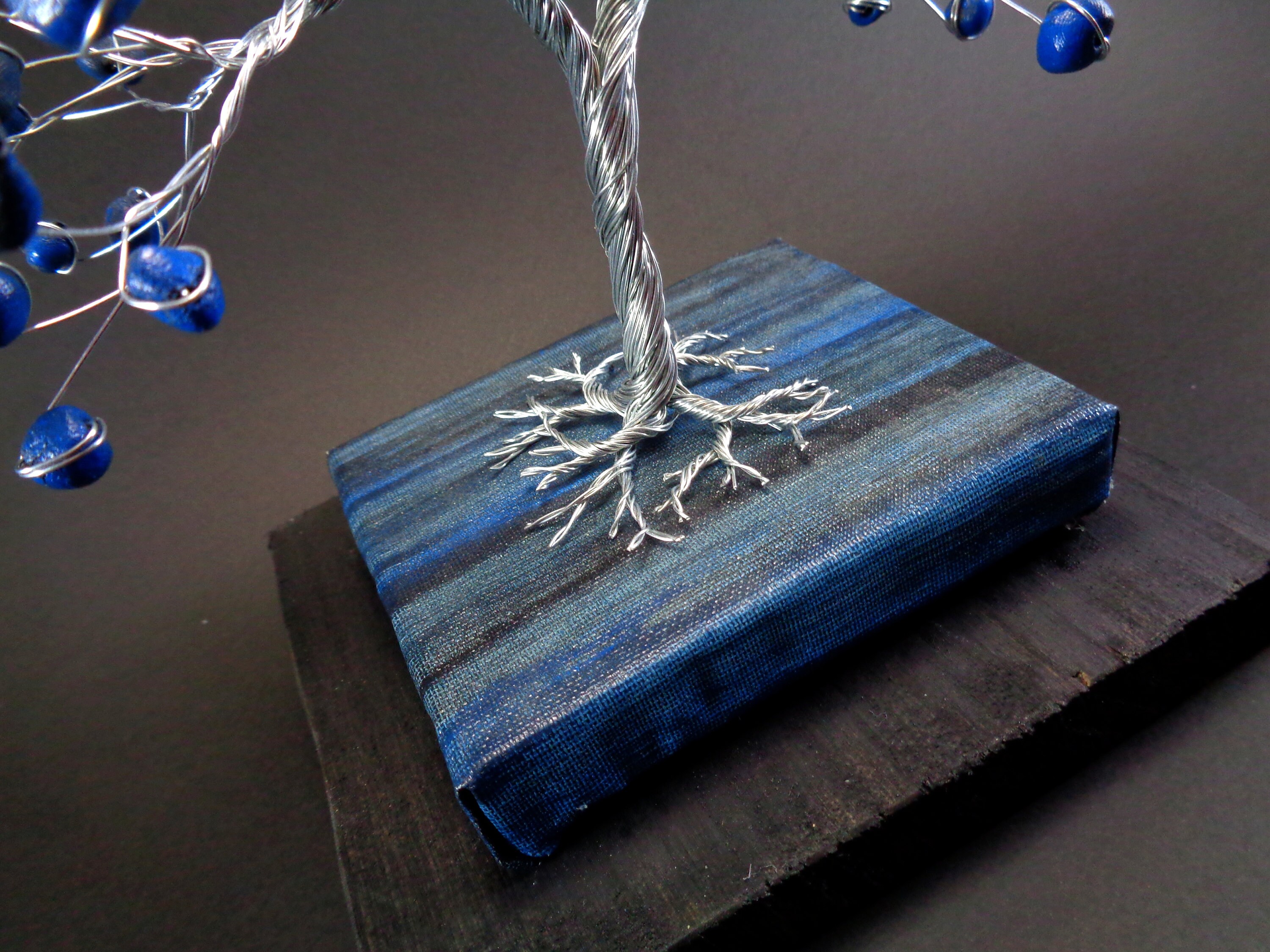 Blue Wire Tree Sculpture on Wooden Base, Bonsai Wire Tree ...