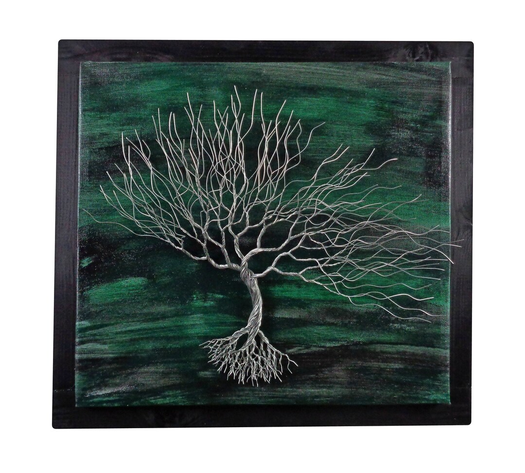 Wire Tree Sculpture on Green Canvas, Framed Contemporary Wall Art ...