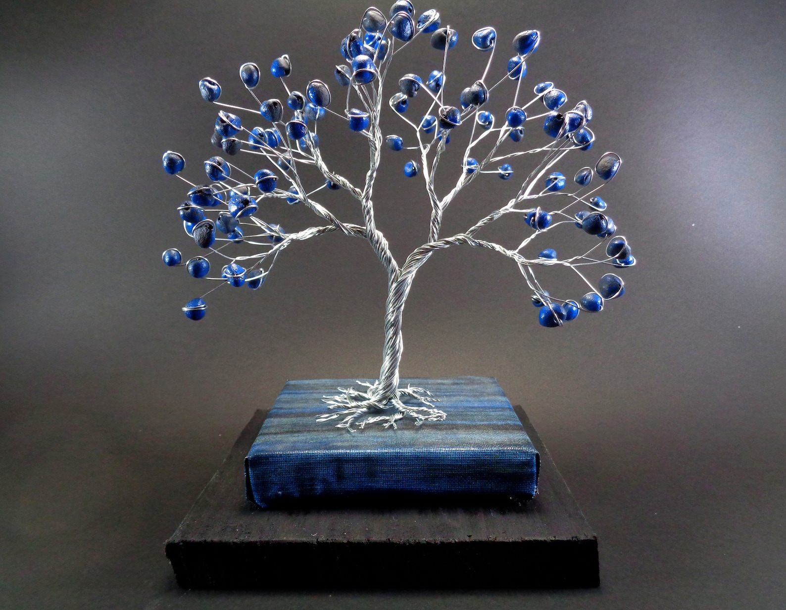 Blue Wire Tree Sculpture on Wooden Base, Bonsai Wire Tree ...