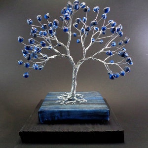 Blue Wire Tree Sculpture on Wooden Base, Bonsai Wire Tree ...