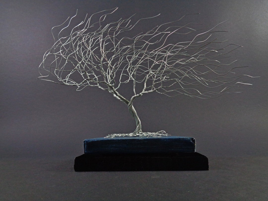 Silver Windswept Willow ,wire Tree Sculpture on Blue Base, Wire Bonsai ...